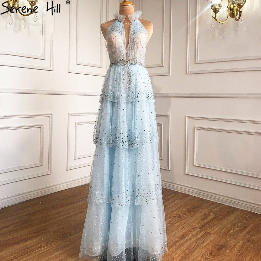 Pink A-Line Luxury Evening Dresses 2025 Halter Beaded Tiered Tulle For ...