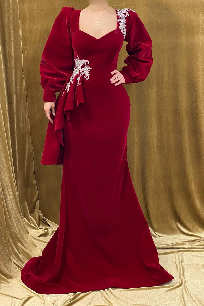 Elegant Long Red Velvet Beading Mermaid Prom Dress With Long Sleeves ...